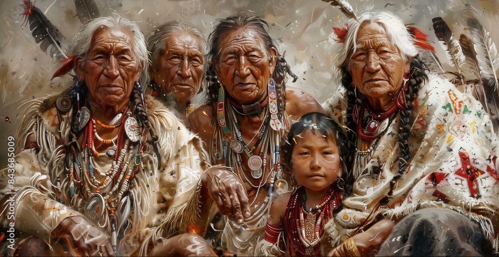 Portrait of a multicultural group of Native American elders and a child ...