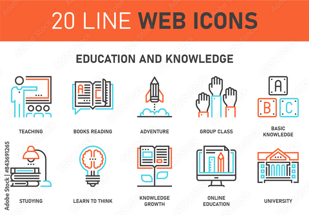 Vector set of education and knowledge line web icons. Each icon with ...