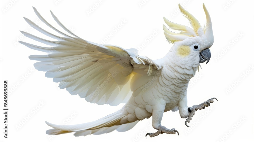 Sulphur-crested cockatoo in flight with wings outstretched and claws ...