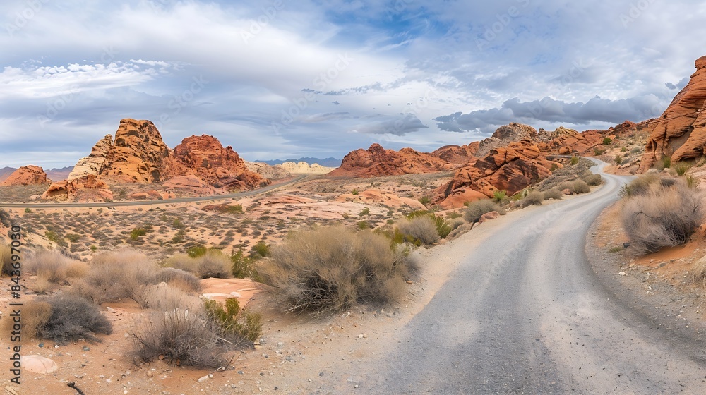 Panoramic view of endless winding empty Mouse tank road in Valley of ...
