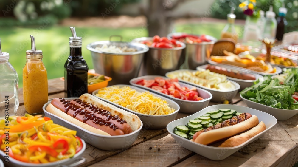 A hot dog bar setup with a variety of toppings and condiments for a Hot ...