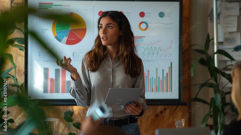 Confident businesswoman giving a presentation in a business meeting ...