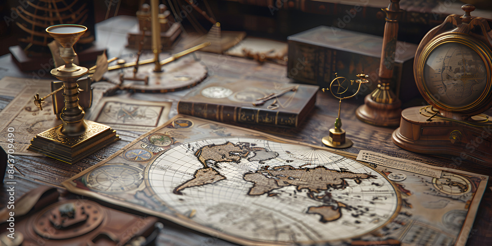 Drawing and magnifying glass on the desktop, background with antique ...