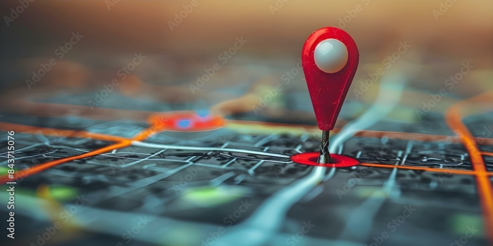 Navigating with GPS A detailed digital map with a prominent red pin ...