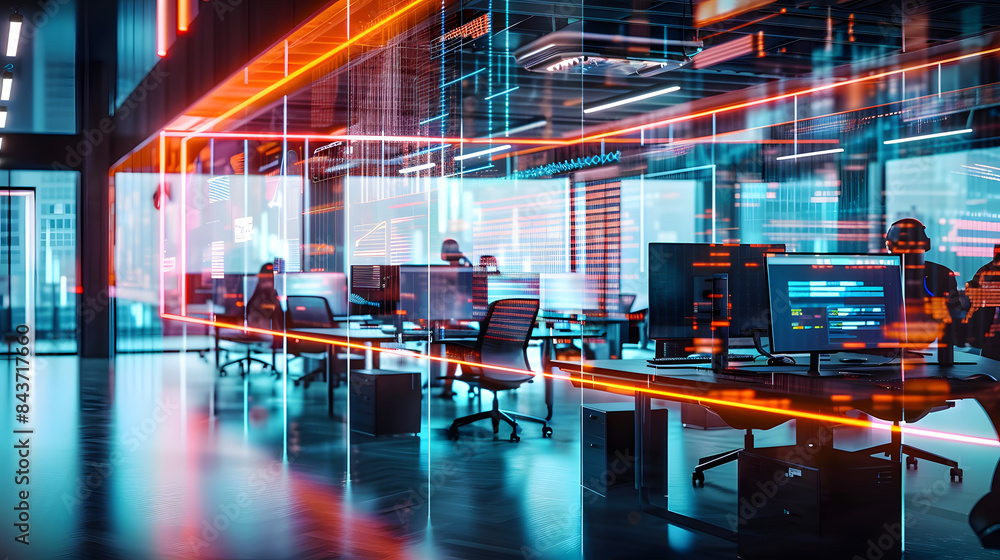 Modern neon cyberpunk open space office interior blurred with ...