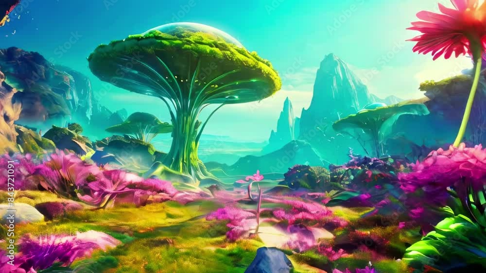 Vibrant alien landscape with giant futuristic mushroom trees and ...