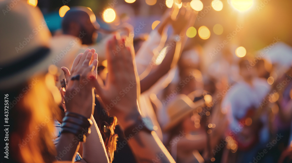 Musicians performing at an outdoor charity concert, audience clapping ...