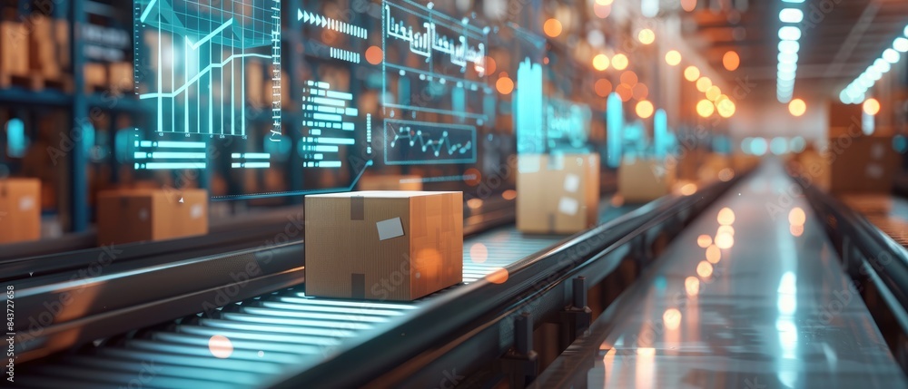 ภาพประกอบสต็อก Automated conveyor belt system in a modern warehouse ...