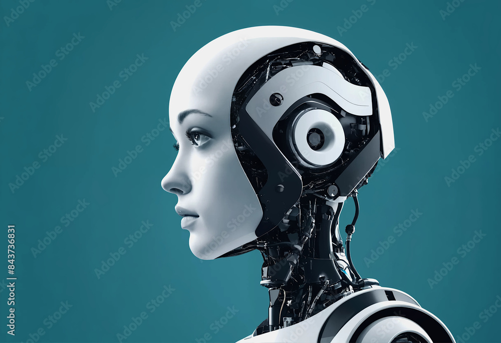 The image is a profile view of a female robot with light blue skin and ...