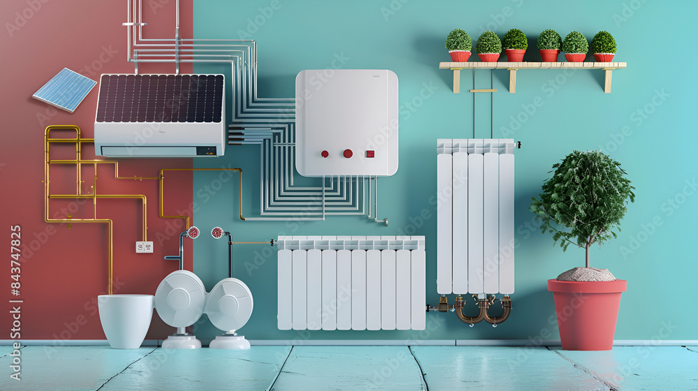 Air source heat pump setup with labeled technical parts 3D illustration ...