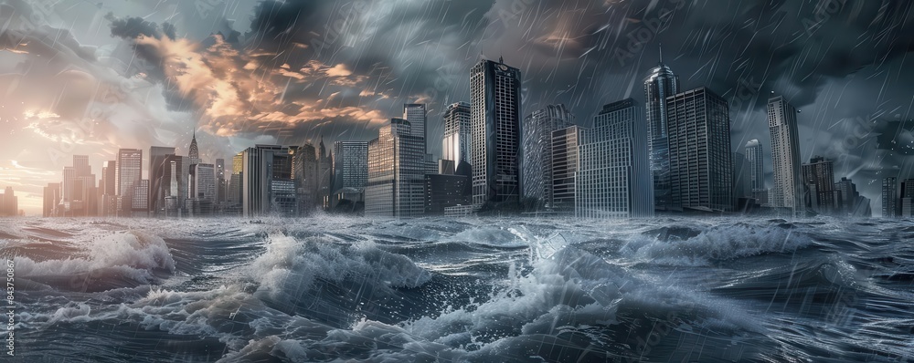 Artistic depiction of severe effects of climate change, flooded ...