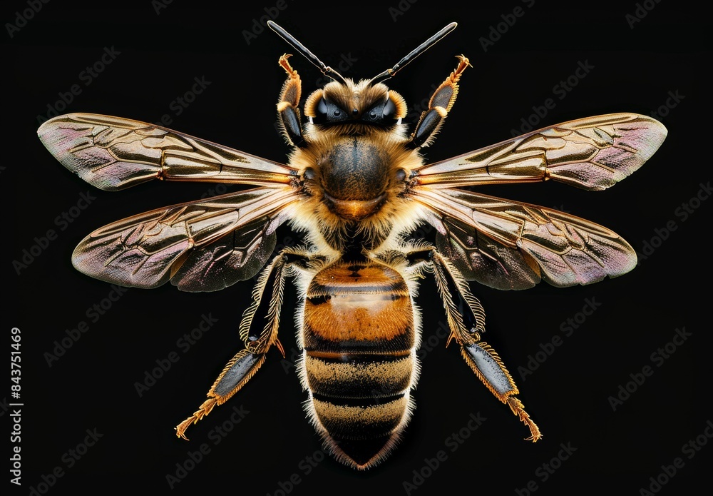 A macro photo of an Apis mellifera entomology specimen, wings, legs ...