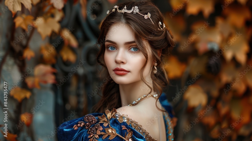princess wearing luxurious autumnal medieval princess dress in royal ...