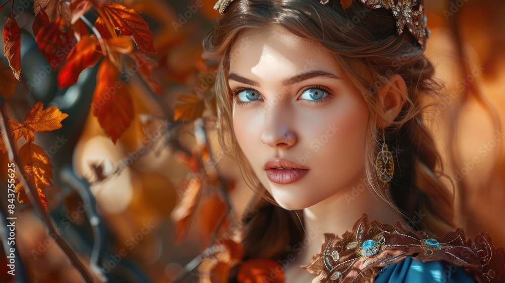 24-year-old princess wearing luxurious autumnal medieval princess dress ...