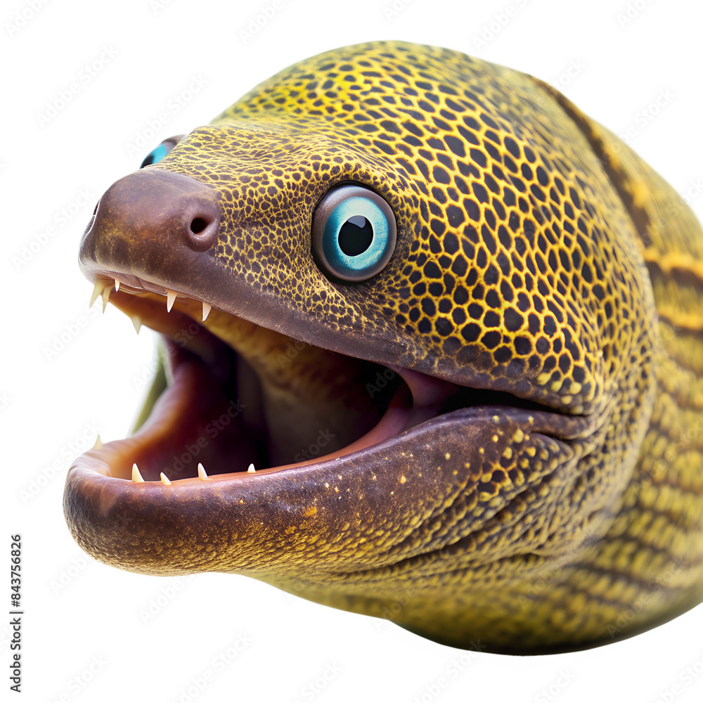 moray eel has its mouth open, revealing sharp teeth and textured skin ...