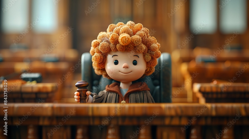 A child in a judges robe, with a gavel and wig, standing behind a ...