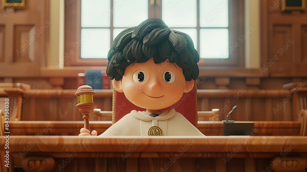 A child in a judges robe, with a gavel and wig, standing behind a ...