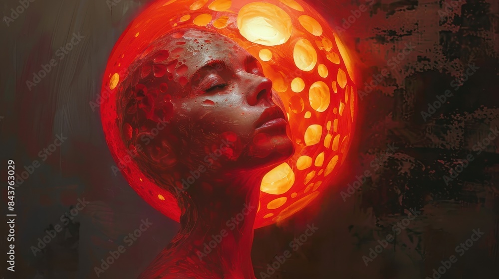 Stylized human figure with their head enveloped in a translucent, fiery ...