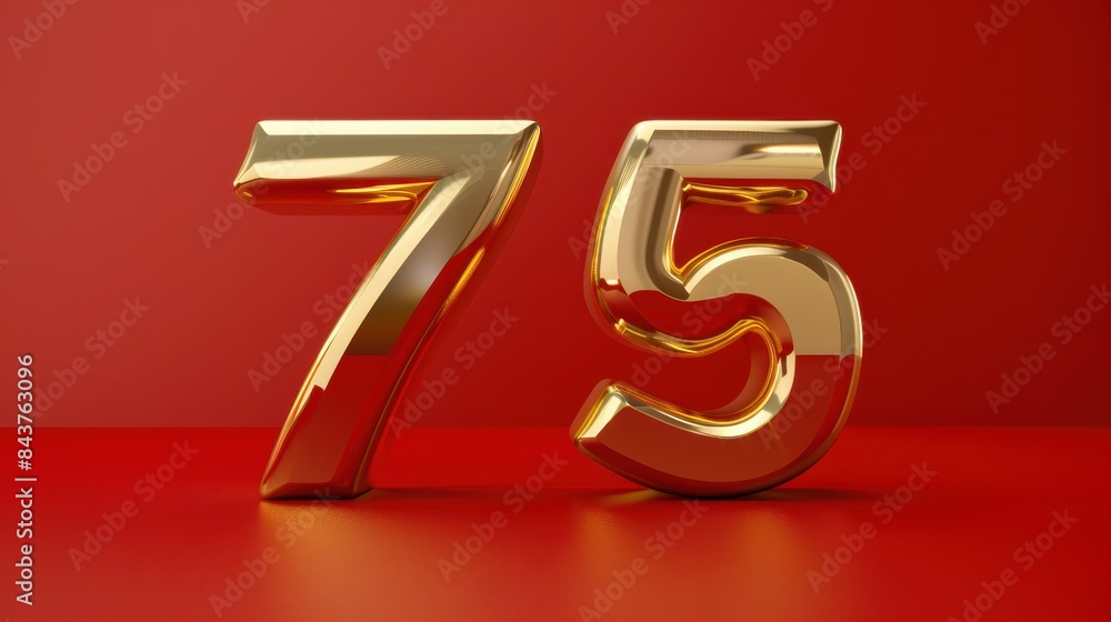 Numbers "75" in a large, 3D, glossy gold font against a solid red ...