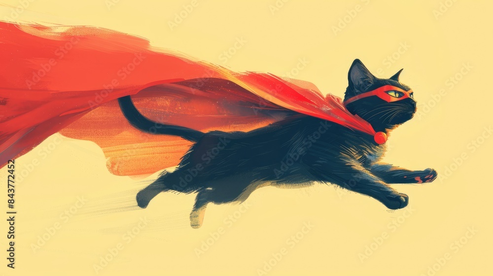 Your everyday hero - a superhero cat! A gleeful black cat with a red ...