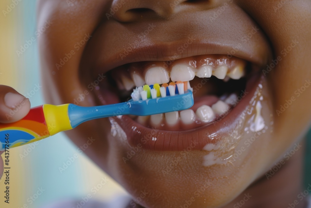 Happy Child Brushing Teeth with Colorful Cartoon-Themed Toothbrush ...