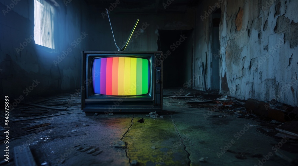 old retro tube TV with a rainbow screen image in an empty abandoned ...