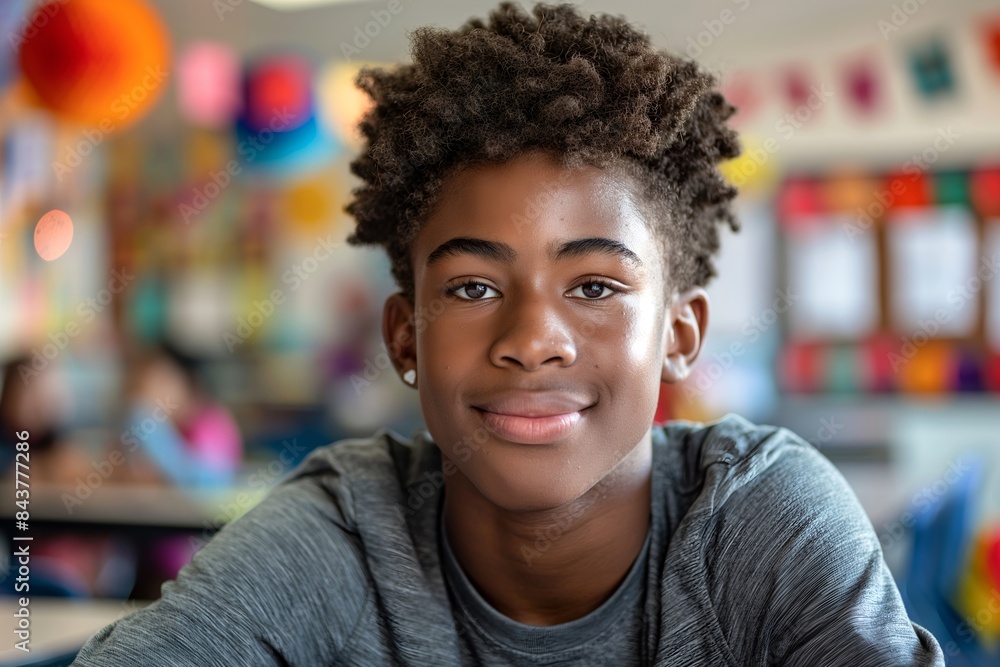 African American teenage boy sitting at his desk in a middle school ...