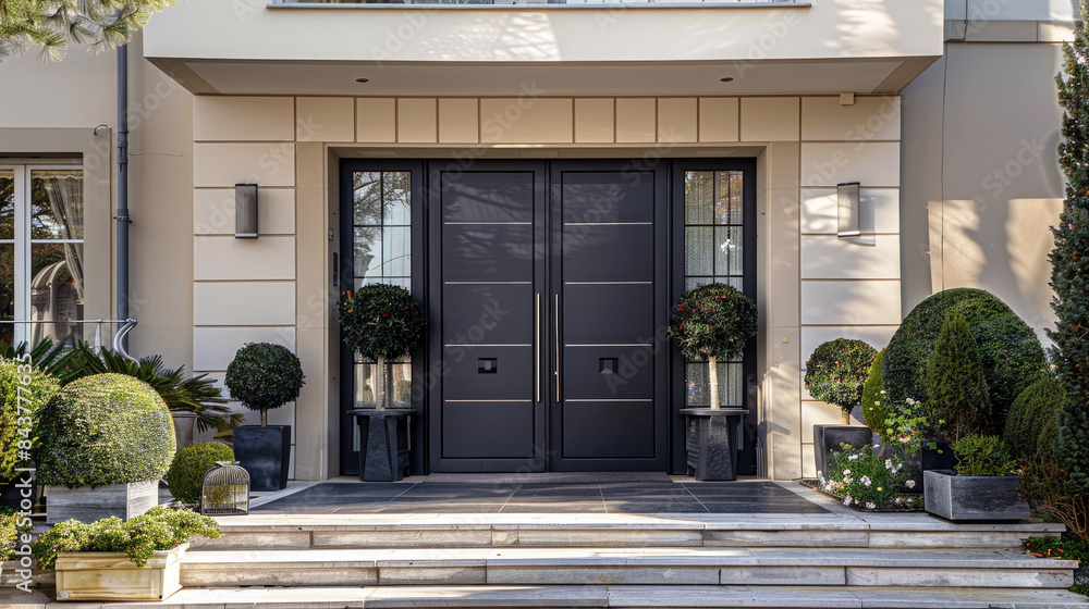 View of the facade and dark entrance door of a private house, a mansion ...