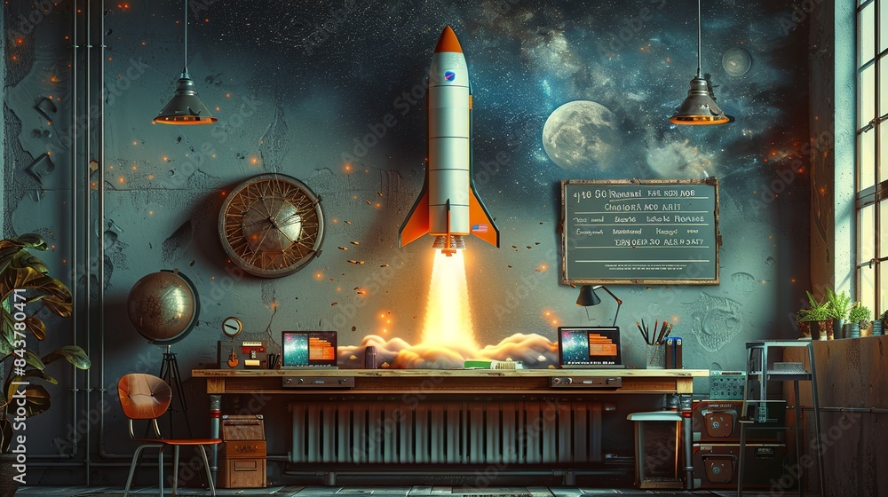 A creative workspace with a large wall mural of a rocket taking off ...