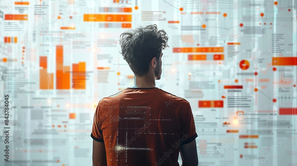 An entrepreneur looking at a digital projection of a roadmap, with ...