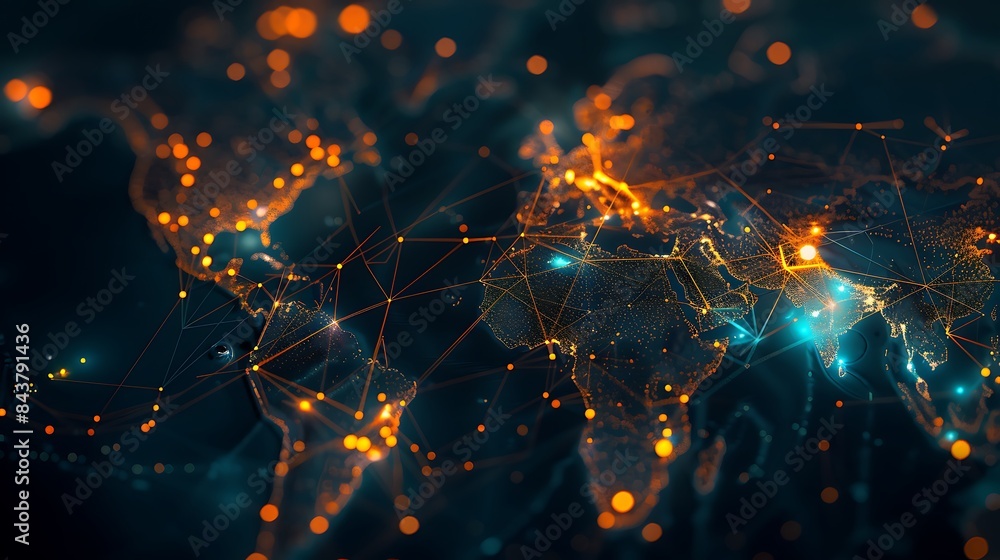 Blockchain node map distribution of nodes around the world with bright ...