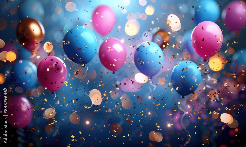 Lively party background with sparkling lights, confetti, balloons, and ...
