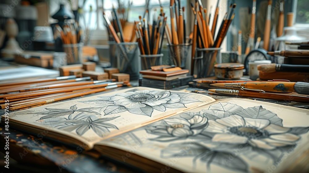 An empty sketchbook gradually filled with intricate and detailed ...