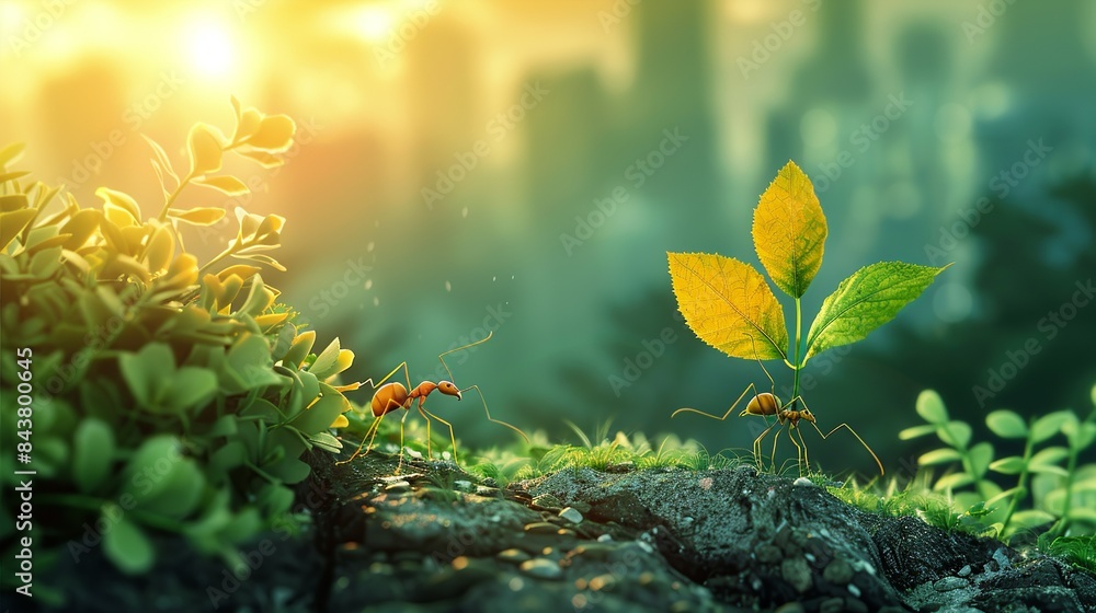 A small ant carrying a leaf up a hill, representing the collective ...