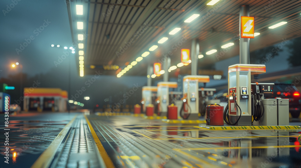 A gas station is shown by a car while refueling. The fuel hose is ...
