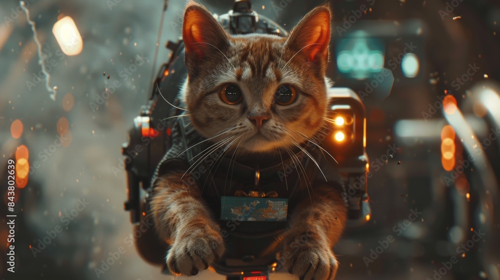 A cat wearing a jetpack hovers in a studio, smoke billowing from the ...