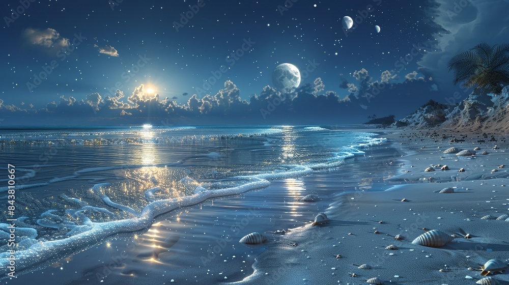 A serene moonlit beach on an alien planet, with sand that glows softly ...