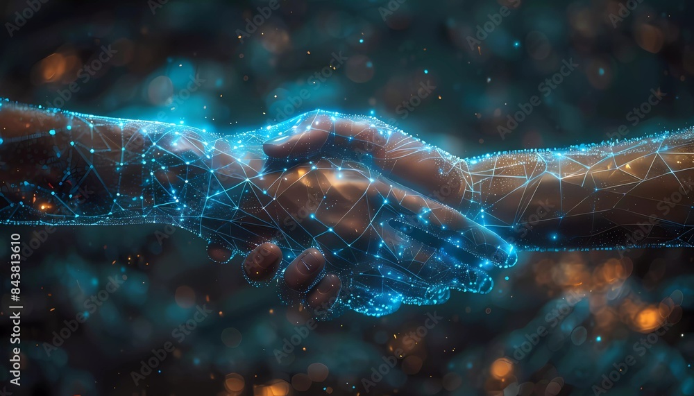 Digital Handshake, futuristic handshake between a human hand and a ...
