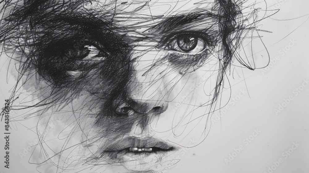 Expressive Black and White Sketch of a Human Face with Intense Eyes and ...