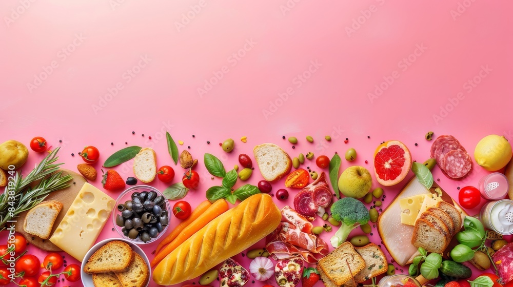 Colorful gourmet spread of assorted breads, cheeses, fruits, vegetables, and deli meats on a ...