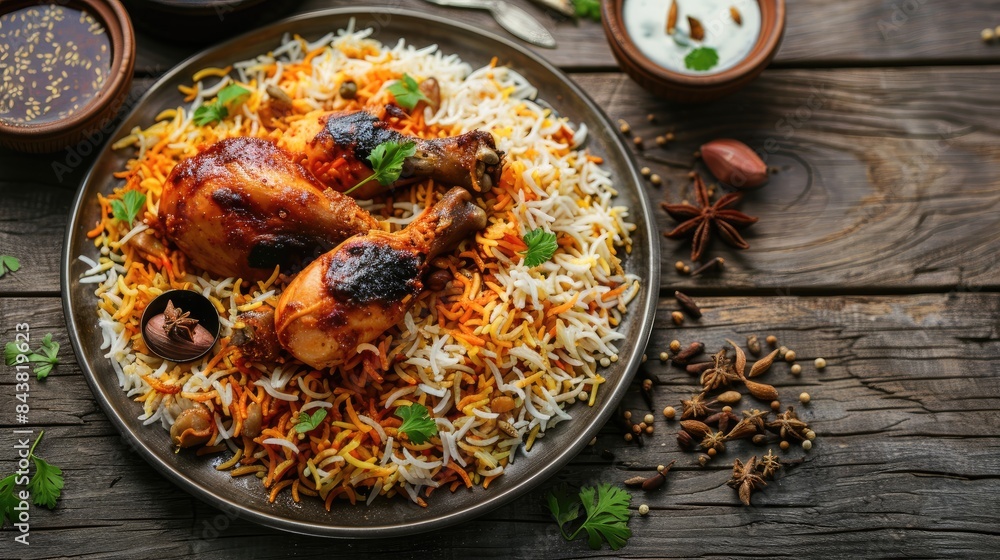 Platter of Hyderabadi chicken biryani on the wooden table. Indian food ...