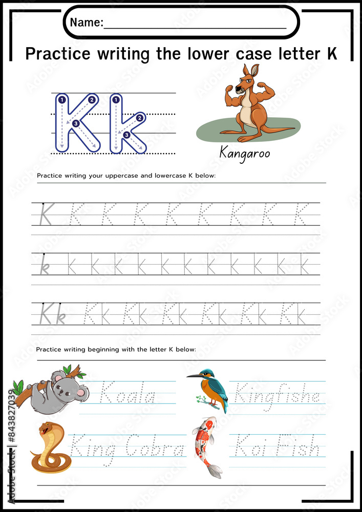 English alphabet writing practice sheets with cute pictures for kids to ...