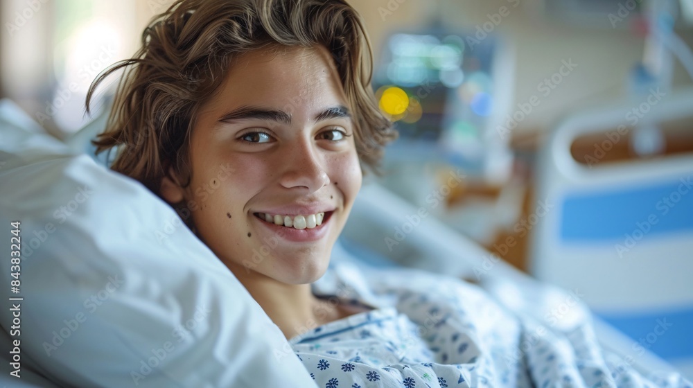 Smiling Young Patient in Hospital Bed, Recovering and Happy, Medical ...