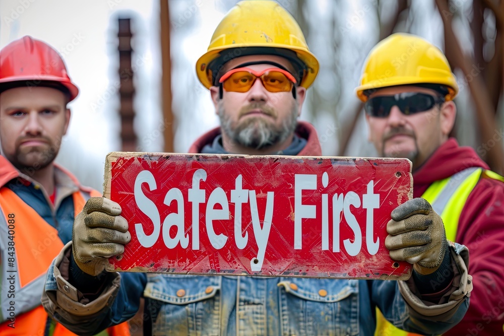 Group of construction workers wearing safety gear, holding a "Safety ...