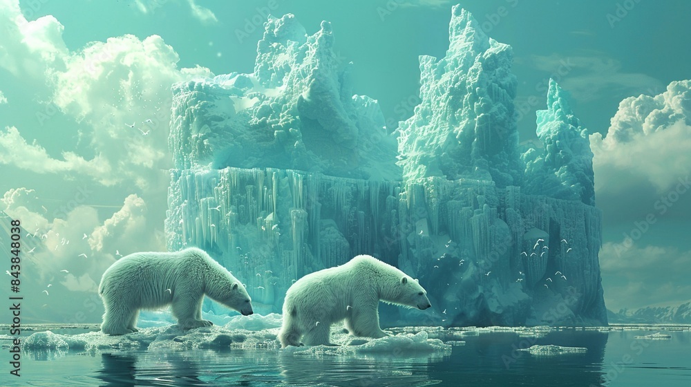 Polar bears constructing an iceberg fortress, using giant ice blocks to ...
