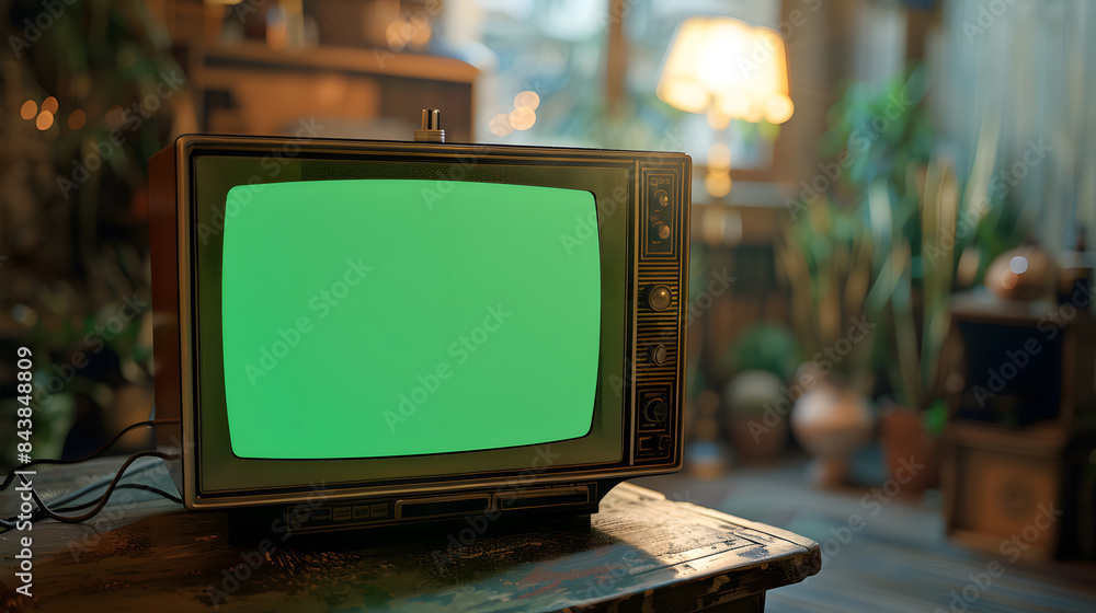 retro box TV with green screen mock-up on the table. Vintage television ...