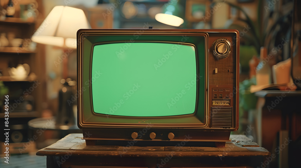 retro box TV with green screen mock-up on the table. Vintage television ...