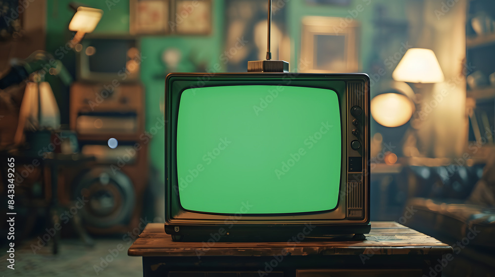retro box TV with green screen mock-up on the table. Vintage television ...