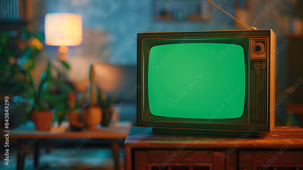 retro box TV with green screen mock-up on the table. Vintage television ...