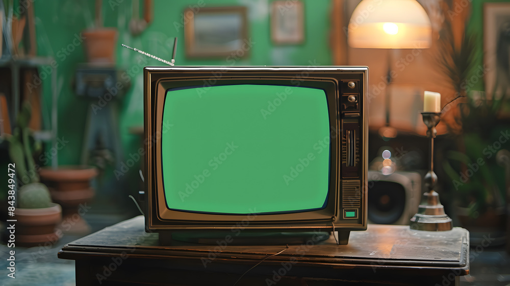 retro box TV with green screen mock-up on the table. Vintage television ...